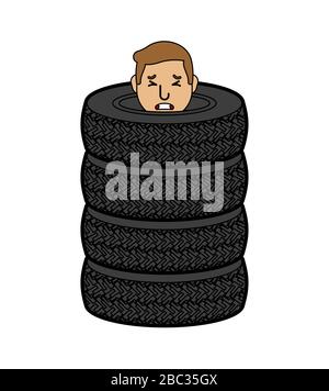 Man inside car tire. Guy in stack of car tires. vector illustration ...