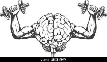 brain with strong hands, brain training, icon cartoon hand drawn vector ...