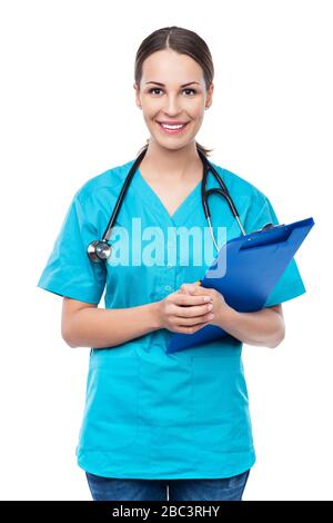 Doctor woman or nurse in a hospital office with her colleague and ...