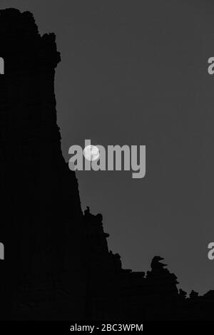 Rising moon over the Fisher Towers, eroded Cutler sandstone rock ...