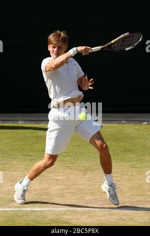 David Goffin of Belgium in action on No.1 Court at The Championships ...
