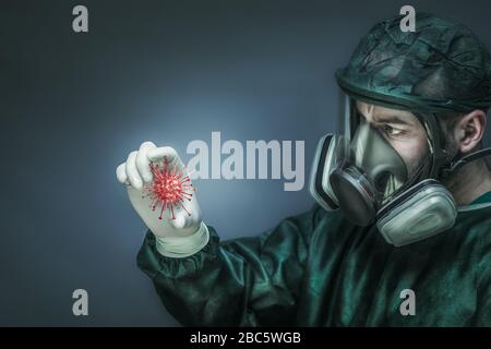 Medicine and health concept. A man looks through a magnifying glass at ...