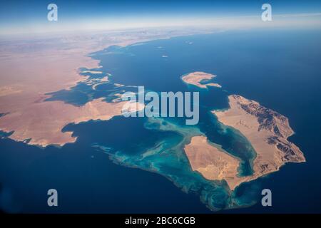 Aerial view of Saudi Arabia and the straits of Tiran between the gulf ...