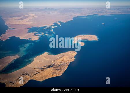 Aerial view of Saudi Arabia and the straits of Tiran between the gulf ...