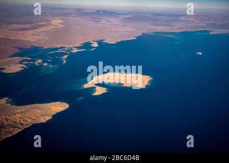 Aerial view of Saudi Arabia and the straits of Tiran between the gulf ...