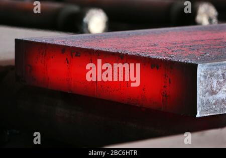 A slab of steel on the production line at the former steelworks in ...