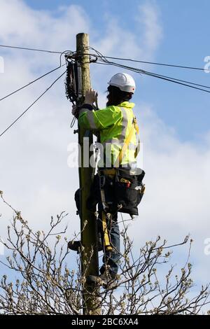Telecom field engineer climbing a telegraph pole and carrying out ...