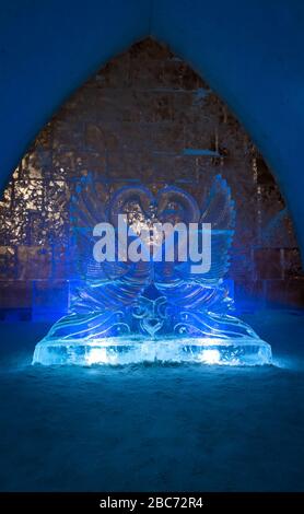 Inside the ice castle with colorful LED lights Stock Photo - Alamy