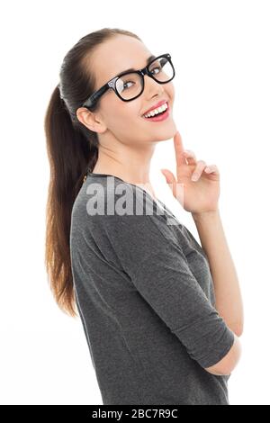 Young attractive woman wearing glasses and using school library Stock ...