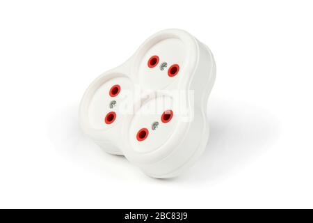 Plastic electrical tee connector with three sockets on a white ...