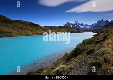 Paine Massif mountains and Pehoe Lago (Lake) at sunrise . Torres del ...