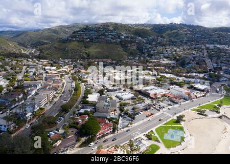 A coastal view of Laguna Beach California with vibrant red Aloe Vera ...
