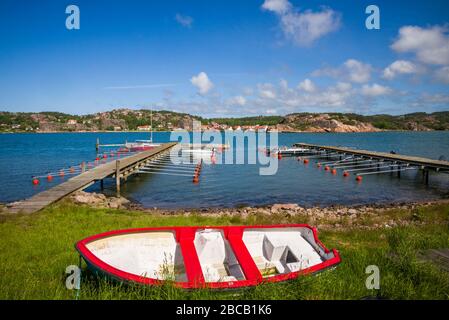 Sweden, Bohuslan, Bovallstrand, harbor view with boat Stock Photo - Alamy