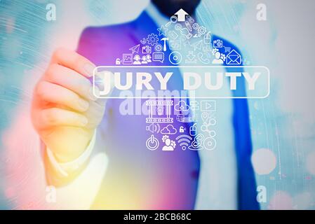 Text sign showing Jury Duty. Conceptual photo obligation or a period of ...