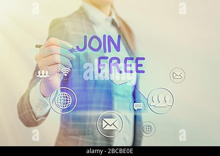 Hand writing sign Join Free. Business overview the act or an instance ...