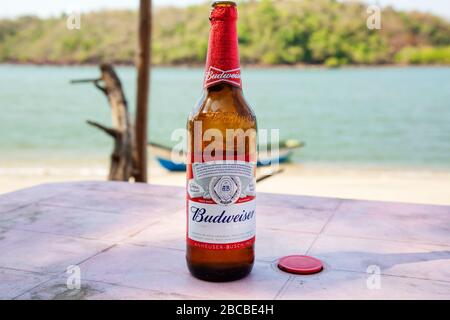 Arambol, Goa, India, 19 March, 2020: Budweiser beer bottle on the beach ...