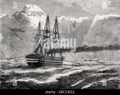 The French ship Bayard which maneuvers with its provisional devices ...