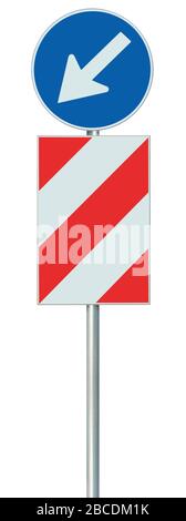 Mandatory keep left obstacle detour road sign and safety barrier ...