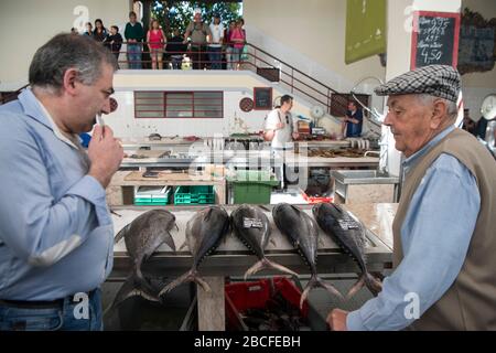 tuna fish at the fishmarket at the Mercado dos Lavradores in the city ...