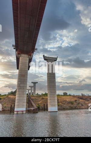 Building Preobrazhensky bridge across the Dnieper River to the island ...