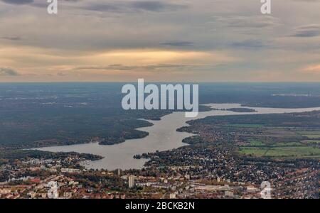 Aerial landscape view over Havel river, Tegel airport, Berlin suburb ...