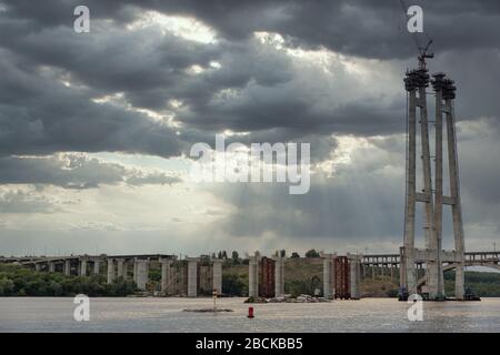Building Preobrazhensky bridge across the Dnieper River to the island ...