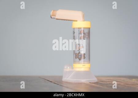 London, UK - April 3, 2020 - Clenil (beclomethasone) inhaler and child ...