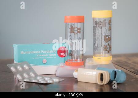 London, UK - April 3, 2020 - Ventolin and Clenil inhalers and ...