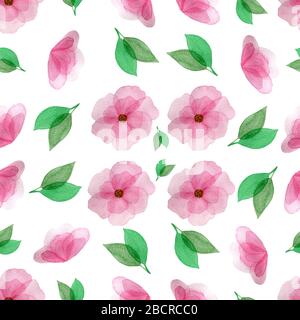 Watercolor seamless pattern with delicate pink magnolia flower on dark ...