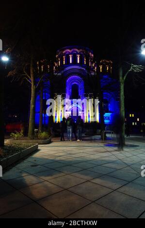 Soboras Church in Kaunas city, Lithuania during light show at night ...