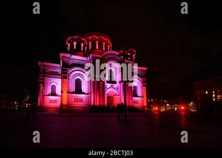 Soboras Church in Kaunas city, Lithuania during light show at night ...