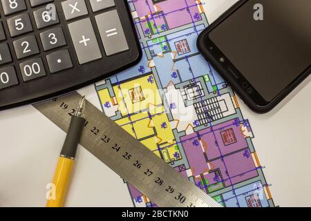 Calcurator, pen and ruler on building house architecture plan drawing ...