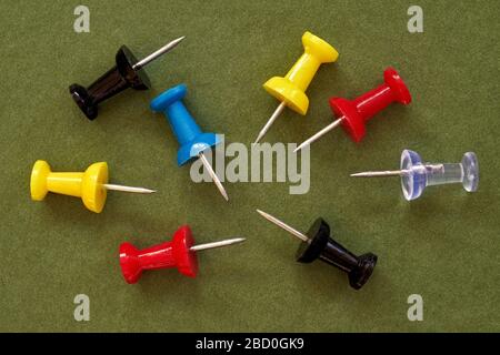 Set of colorful color push pins Thumbtacks. top view isolated on white ...