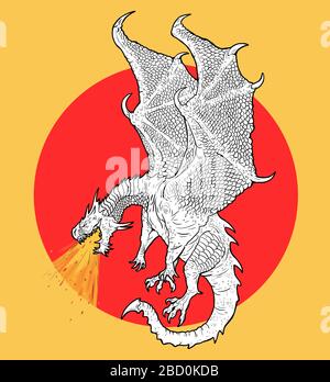 Flying dragon spits fire. Fantasy creature drawing Stock Photo - Alamy