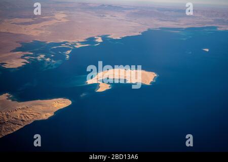 Aerial view of Saudi Arabia and the straits of Tiran between the gulf ...