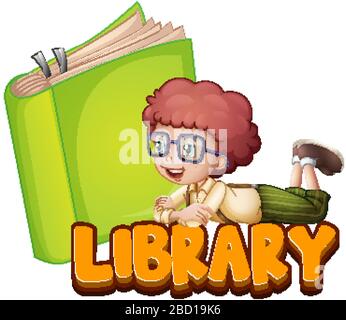 Font design for word library with happy girl and books illustration ...