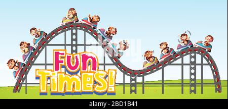 Scene with happy monkeys riding on roller coaster in the park ...
