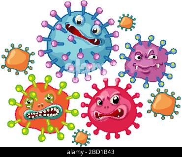 Many virus cells with scary face on white background illustration Stock ...