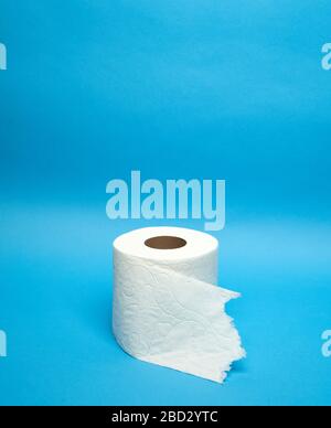 Torn off white toilet paper roll on minimalistic blue background Stock ...