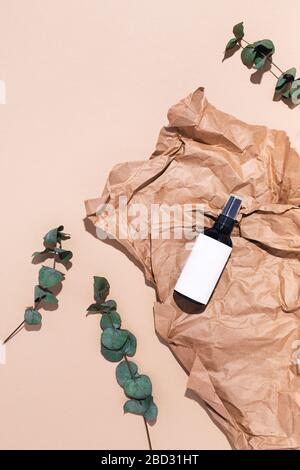 Medical concept. On a brown surface lies a stethoscope, pills and a ...