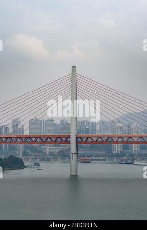 Chongqing, China - Dec 21, 2019: Qian si men suspension bridge with sky ...