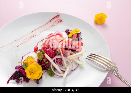 Starter with pink beetroot with yellow pansy flowers on a pink ...