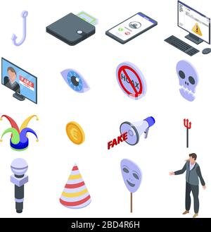 Hoax icons set. Isometric set of hoax vector icons neon color on black ...