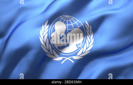 3D illustration of UN flag on a flagpole fluttering in the wind on a ...