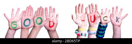 Kids Hands Holding Word Good Luck, Ocean Background Stock Photo - Alamy