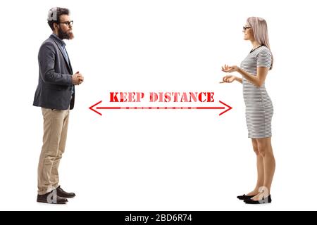 Young woman and drawn virus on light blue background with space for ...