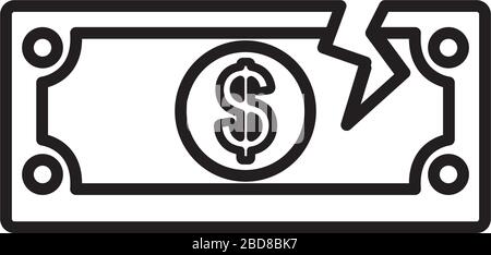 broken money bill icon over white background, line and fill style ...