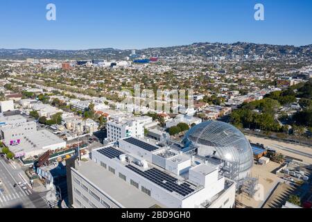 Aerial view of the Academy Museum of Motion Pictures in Mid-Wilshire ...