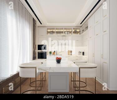 A 3D rendering of a modern kitchen with marble floor in white and black ...