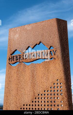 Hebridean Way cycle track and path sign made from iron. At Leverburgh ...